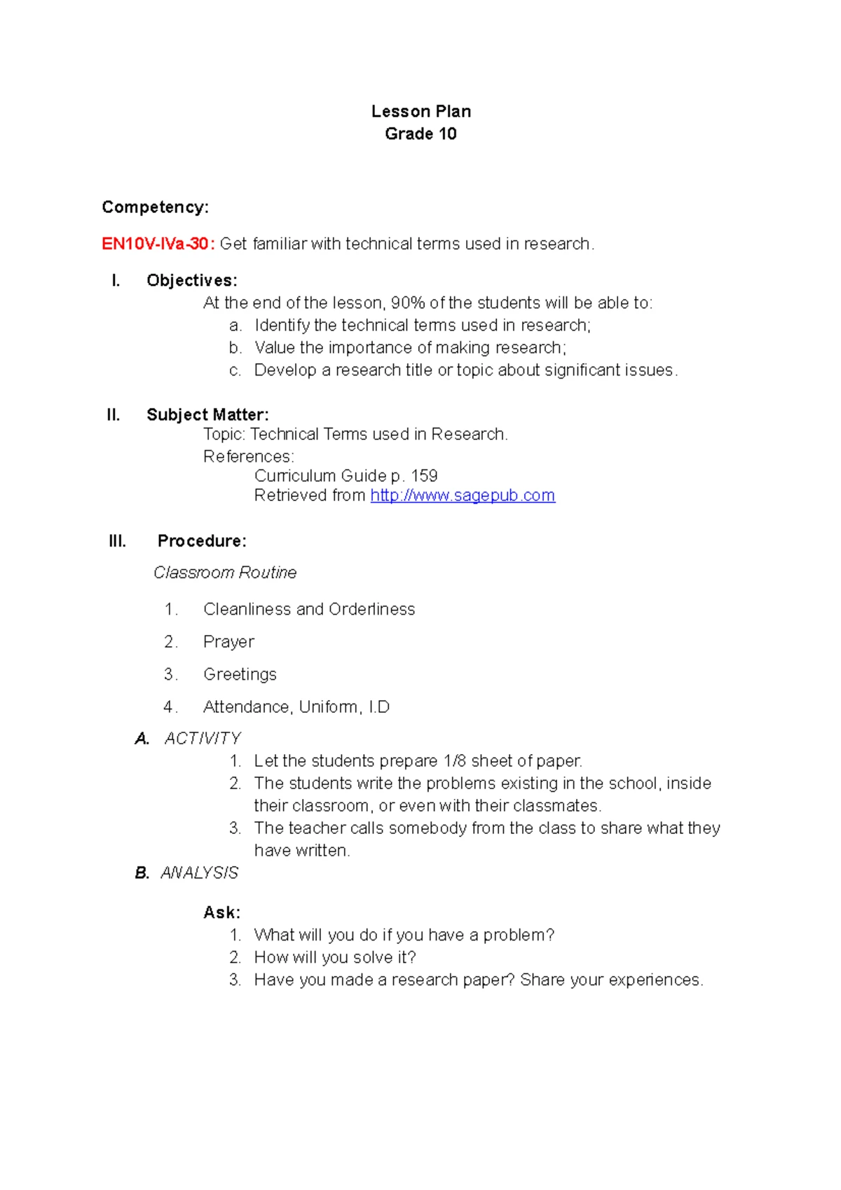 DLP-ENG-G10-Q1-MELC-1.-WEEK 1 - LESSON PLAN IN ENGLISH 10 School Grade Level & Section 10 - Studocu