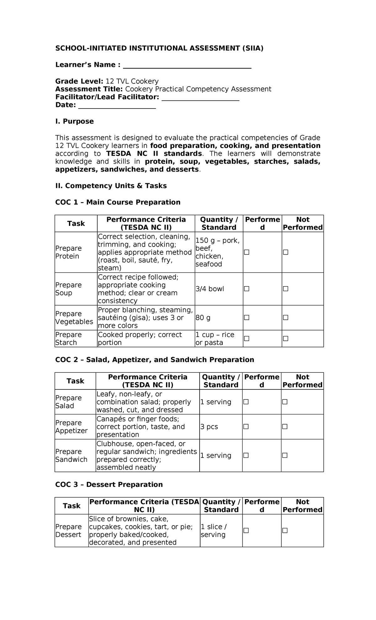 Grade 12 TVL Cookery Practical Competency Assessment (SIIA) - Studocu