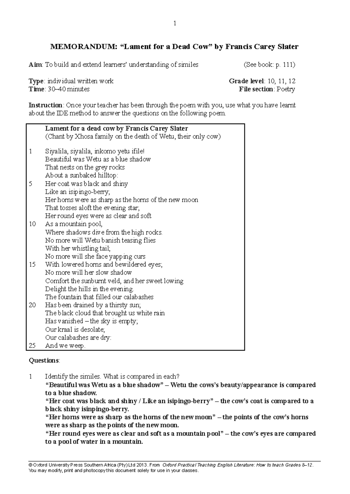 Memo: Analyzing Similes in "Lament for a Dead Cow" (Grades 10-12) - Studocu