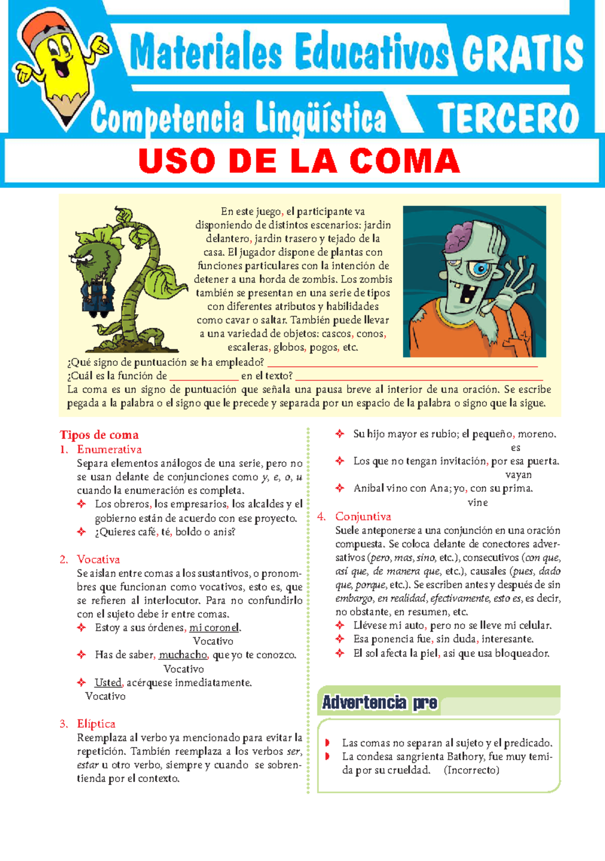 Uso de la Coma Para Tercer Grado de Secundaria - Advertencia pre Z Las ...