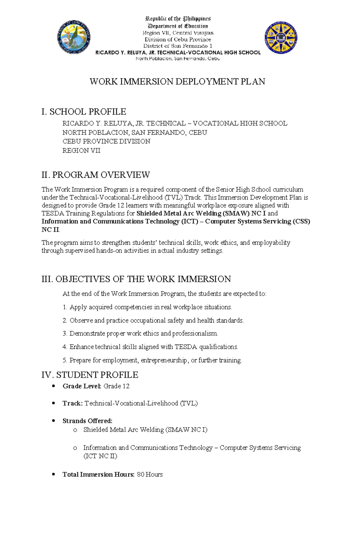 Work Immersion Deployment Plan for TVL Grade 12 Students - Studocu