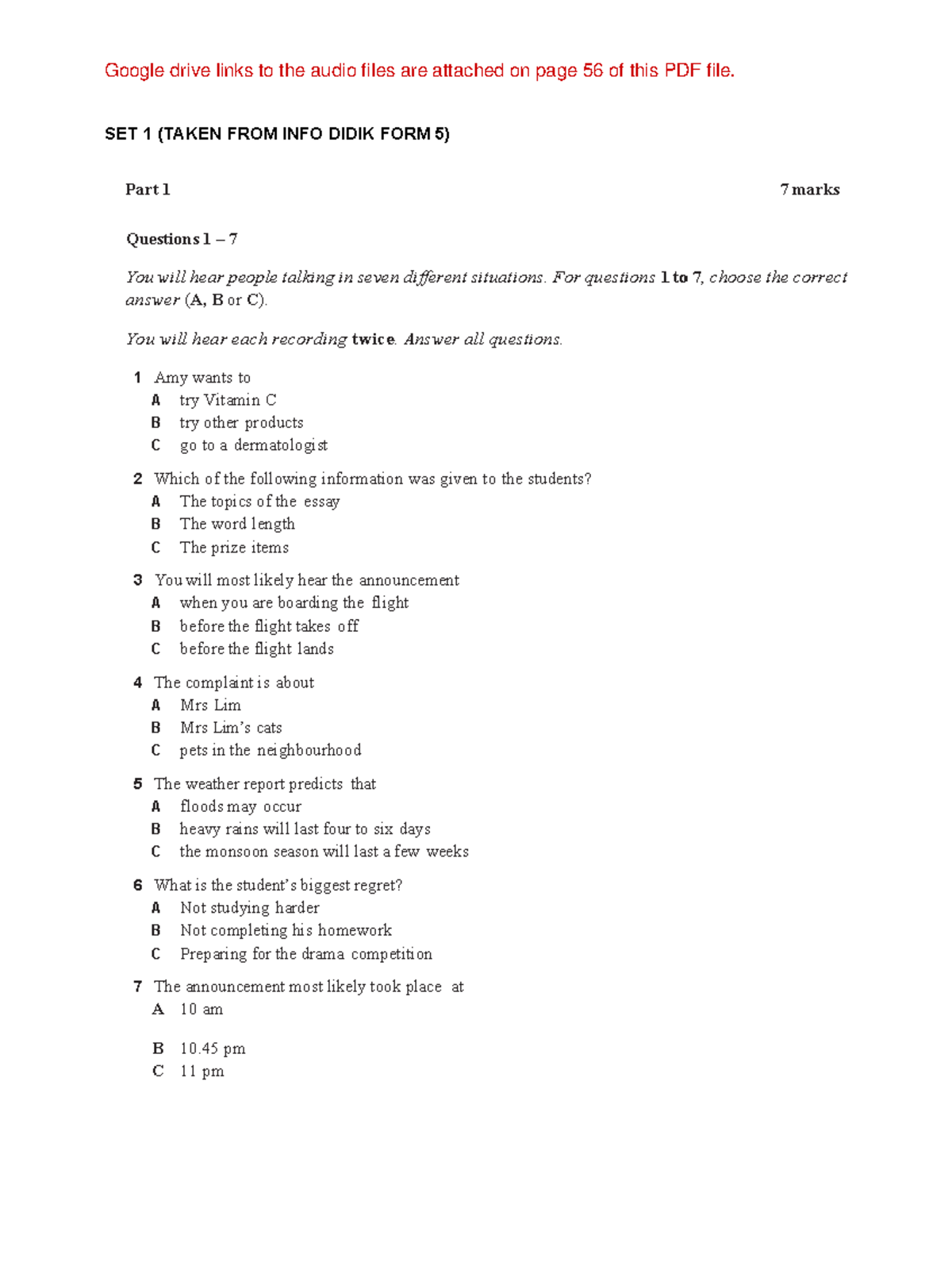 SPM Listening Test Module Paper SET 1 - Comprehensive Overview - Studocu
