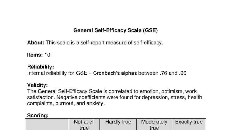 General Self-Efficacy Scale (GSE) Overview and Scoring Guide - Studeersnel