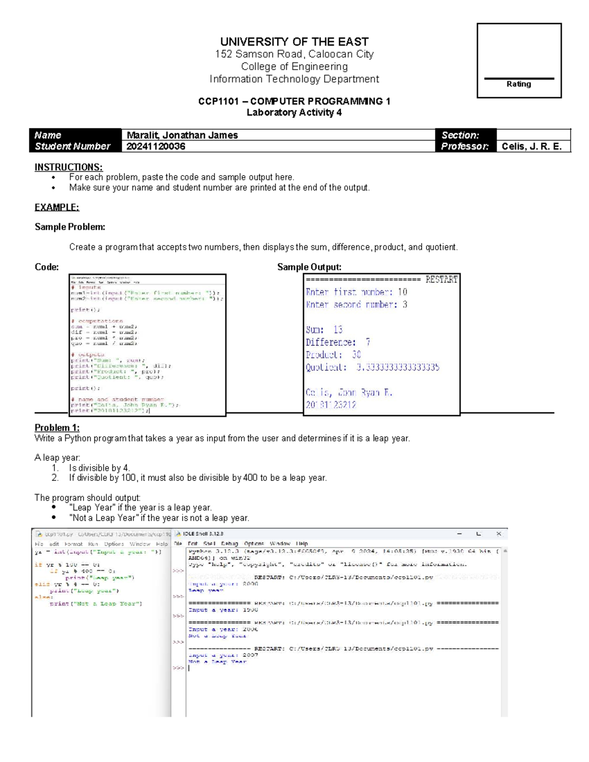 CCP1101 Computer Programming 1 Lab Activity 4 - Leap Year Program - Studocu