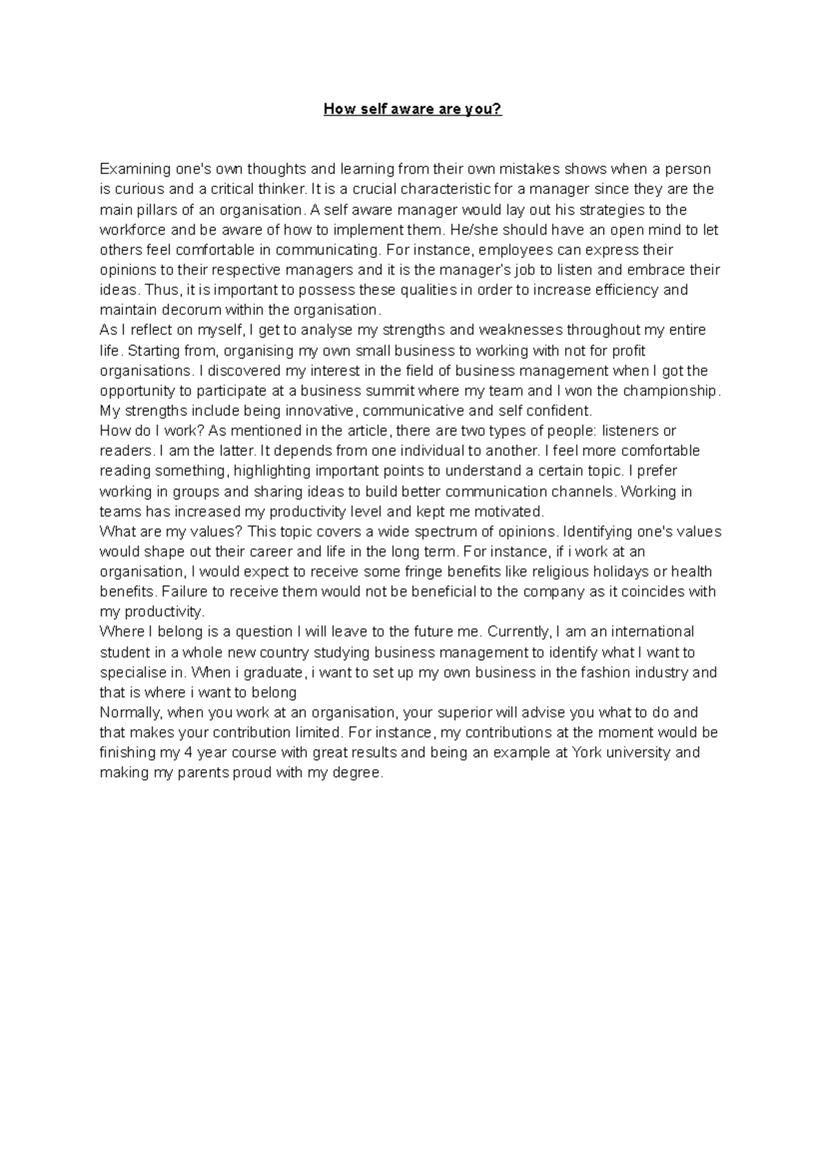 How Self Aware Are You Assignment 1 Adms 1010 How Self Aware Are You Examining Ones Own