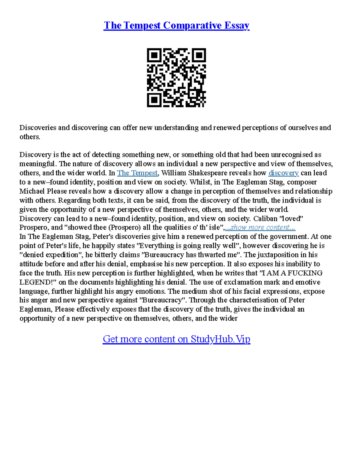 Critical Lens Essay Examples (ENG 102) on "The Tempest" and "Things ...
