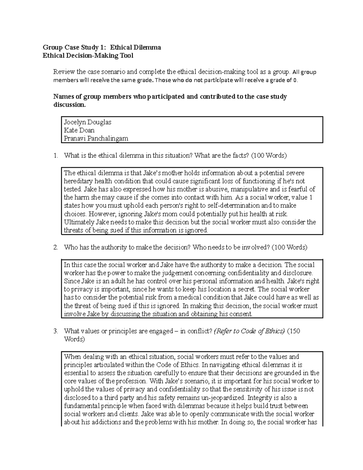 Group Case Study 1: Ethical Dilemma Analysis and Decision-Making Tool ...