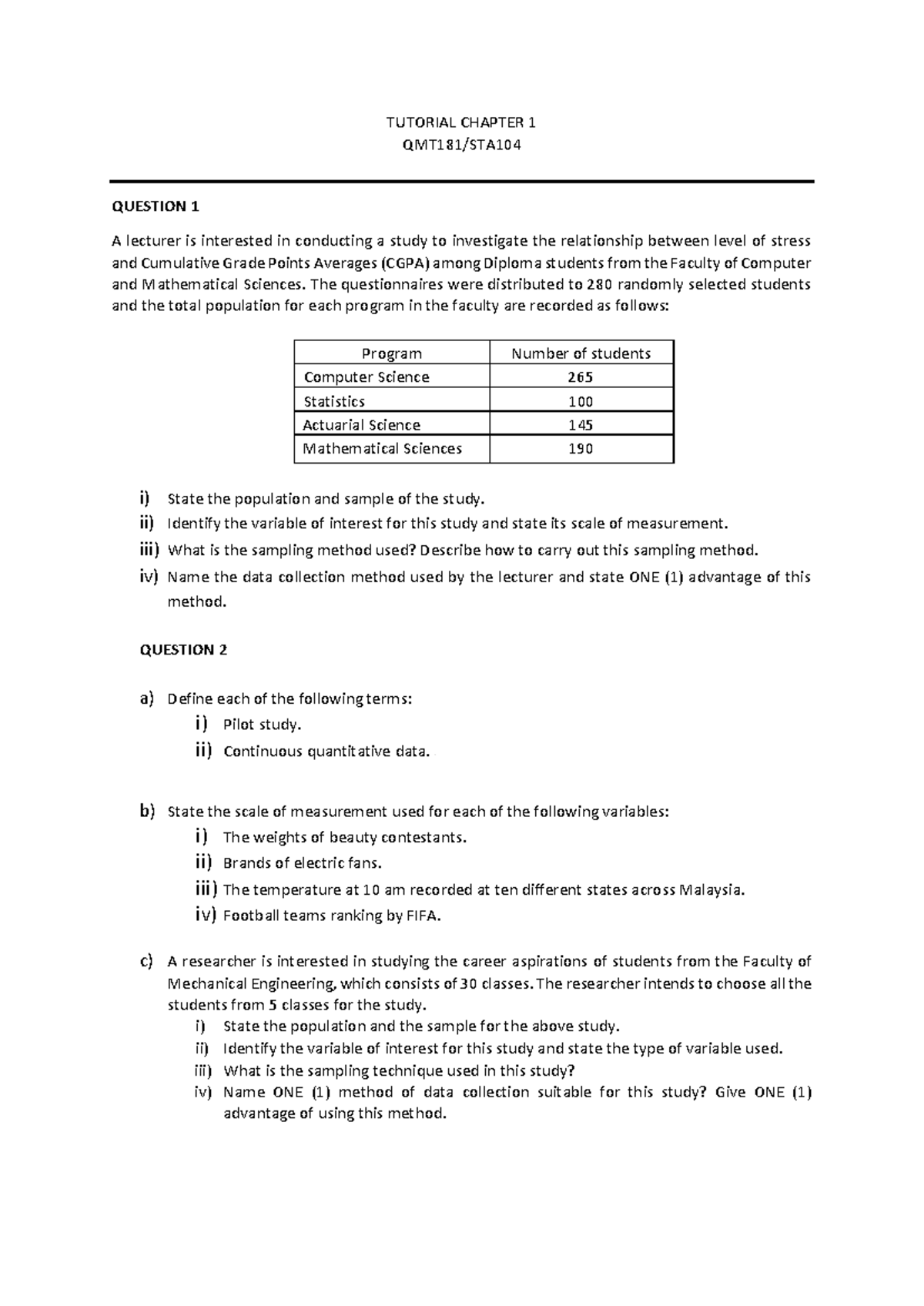 Tutorial CH1: Stress & CGPA Study Among Diploma Students - Studocu