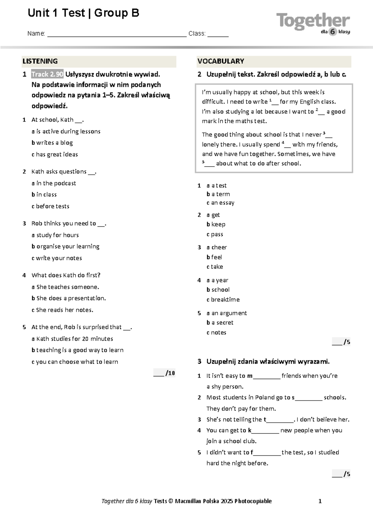 Together kl6 U1 Unit Test Standard B: Listening & Vocabulary - Studocu