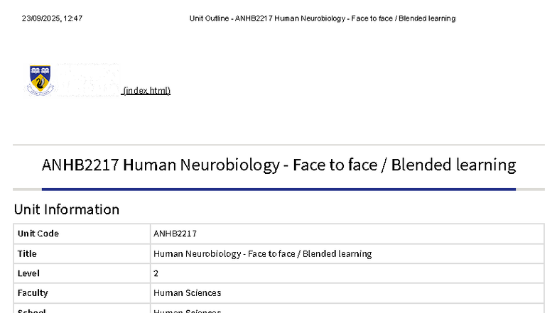 ANHB2217 Human Neurobiology Course Outline and Unit Information - Studocu