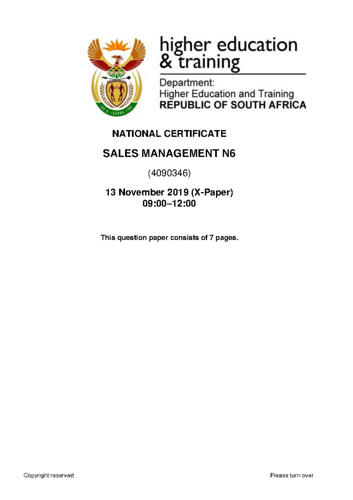 N1450 - Sales Management N6 Exam Paper November 2019 - Studocu