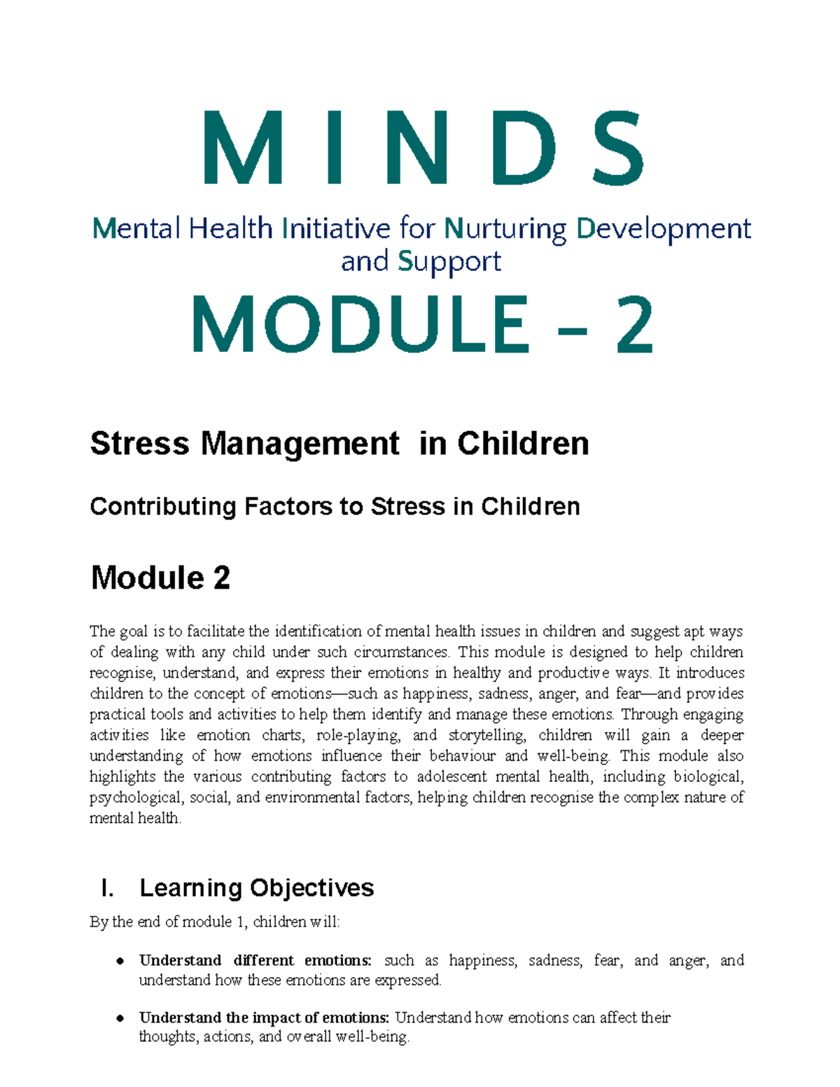 MINDS Mental Health Initiative: Module 2 - Stress Management in Children - Studocu