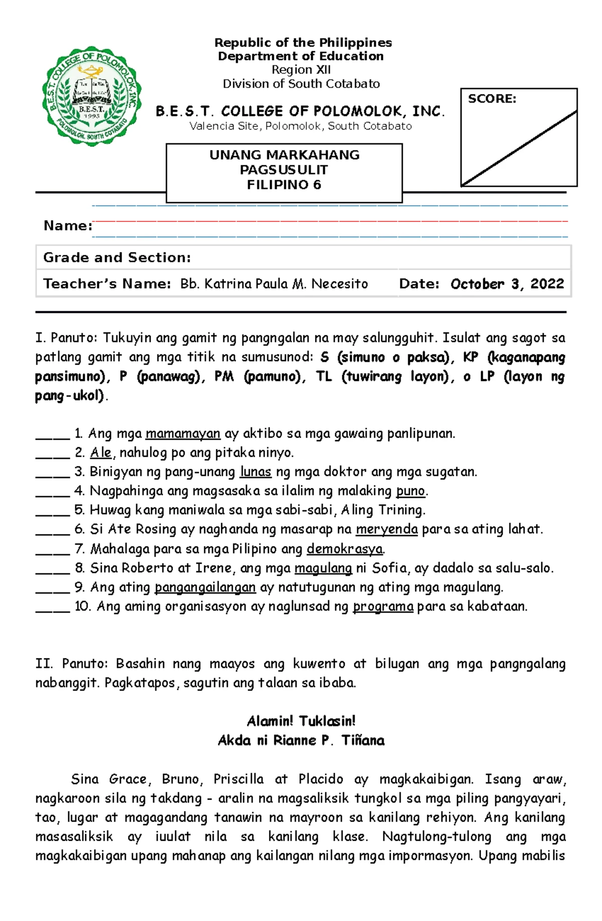 12-TVL - Sample of test paper. - B.E.S College of Polomolok Inc ...
