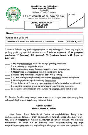 ESP - Sample of test paper. - B.E.S College of Polomolok Inc. Valencia ...