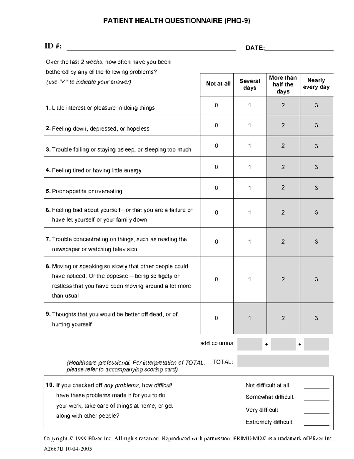 PHQ9 - Screening for depression - PATIENT HEALTH QUESTIONNAIRE (PHQ-9 ...