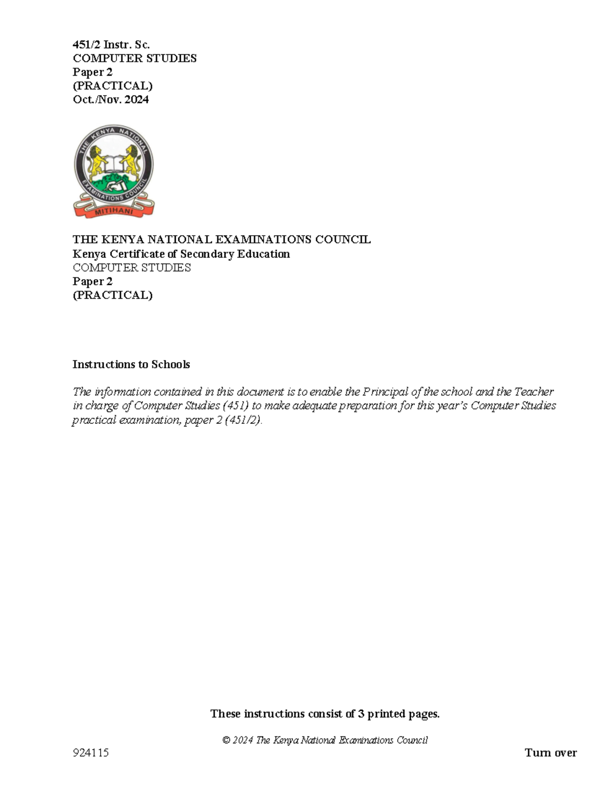 Instructions to Schools for Computer Studies Practical Exam 451/2 - Studocu