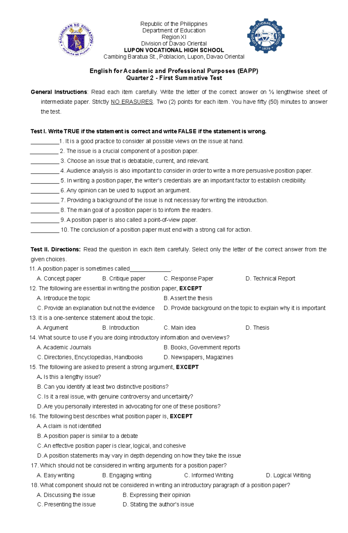 EAPP Quarter 2 First Summative Test Review Guide - Studocu