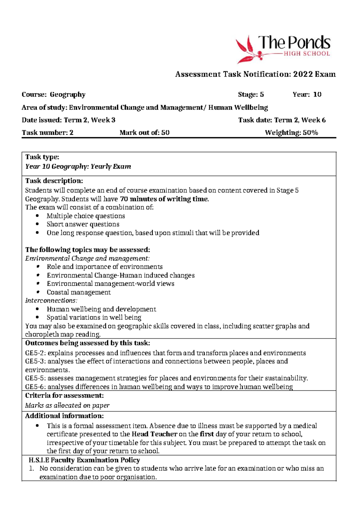 Year 10 Geography Exam Notification: Environmental Change & Wellbeing ...