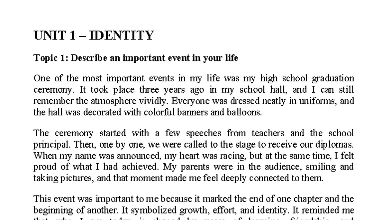 UNIT 1 IDENTITY: Important Life Events and Their Impact on Personal ...