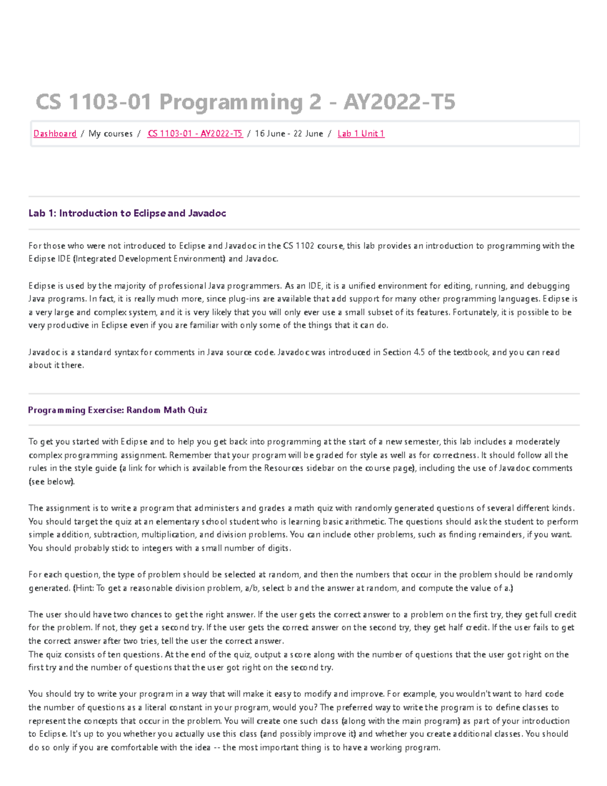 CS 1103-01 - AY2022-T5 Lab 1 Unit 1 - CS 1103-01 Programming 2 - AY2022 ...