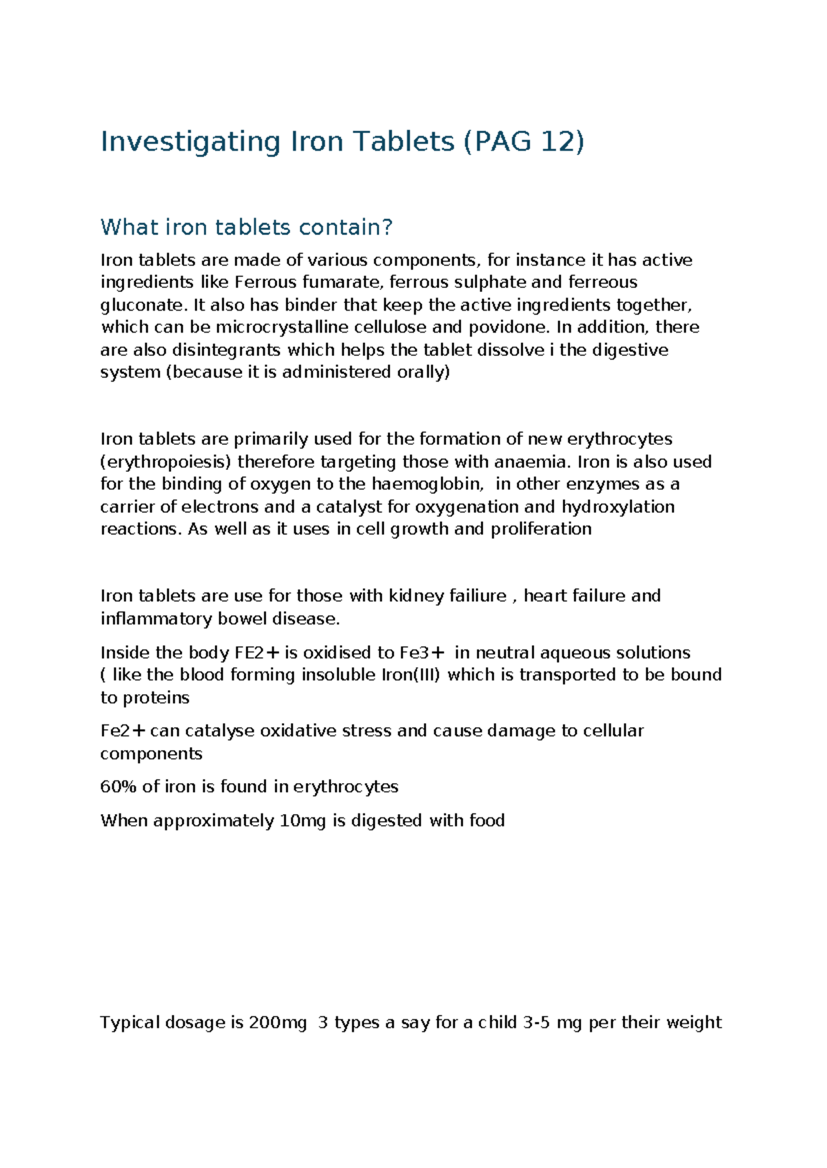 Exploring Iron Tablets: Composition and Uses (PAG 12) - Studocu