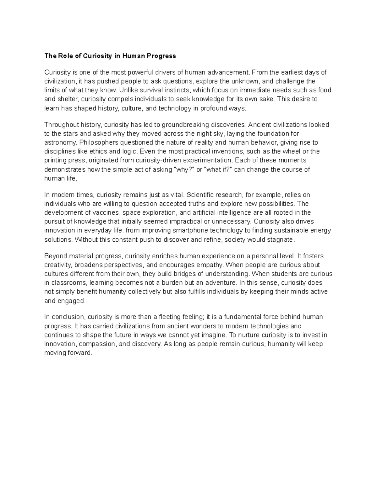 The Impact of Curiosity on Human Advancement - Studocu