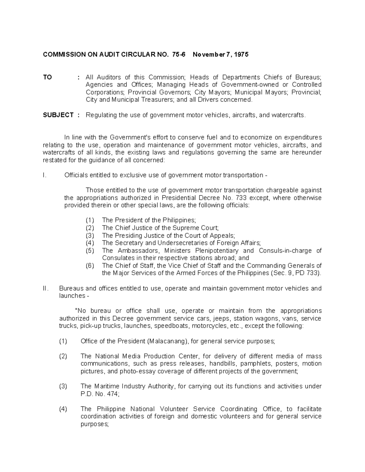 COA - Circular No. 77: Guidelines for Government Vehicle Usage - Studocu