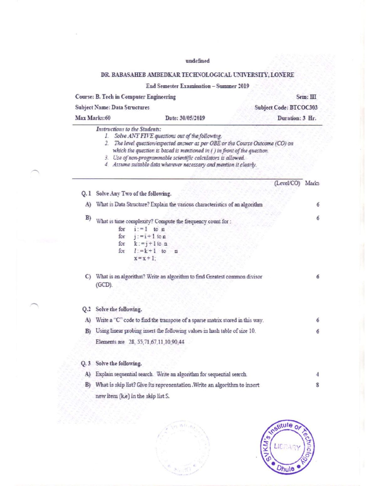 End Sem Exam BTCOC303: Data Structures QP - May 2019 - Studocu