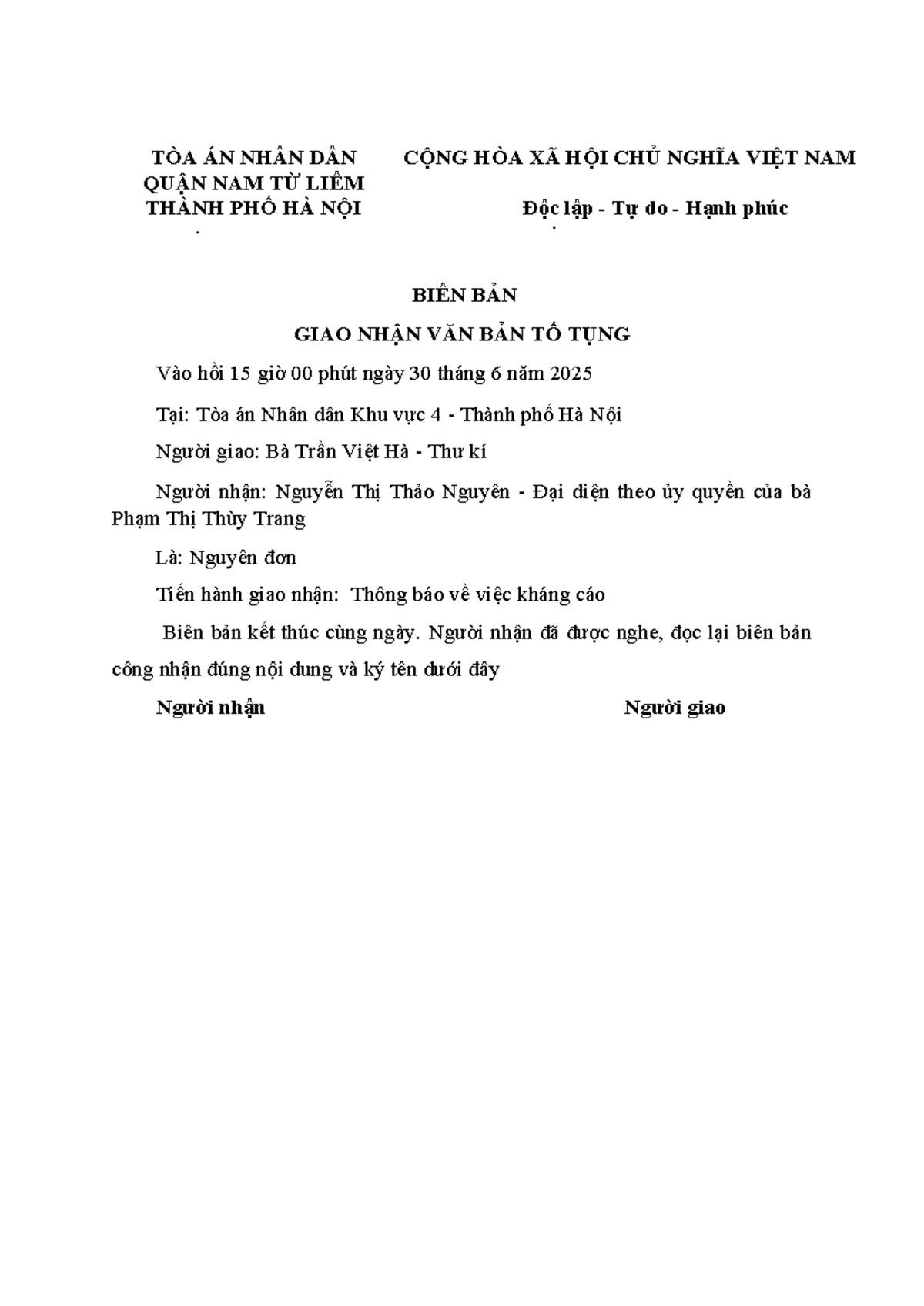 Biên Bản Giao Nhận Văn Bản Tố Tụng - Giang - Trang - Studocu