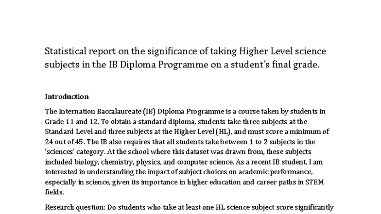 Statistical Analysis of HL Science Subjects Impact on IB Scores ...