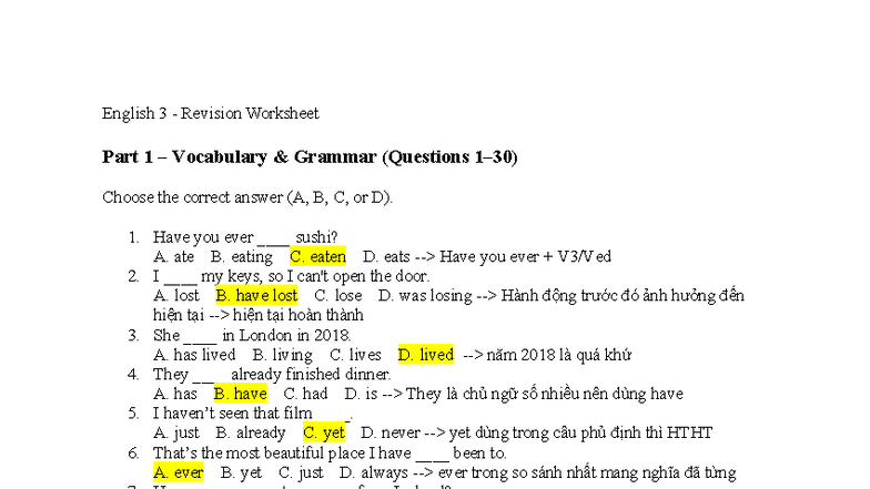 English 3 Revision Worksheet: Vocabulary & Grammar Practice - Studocu