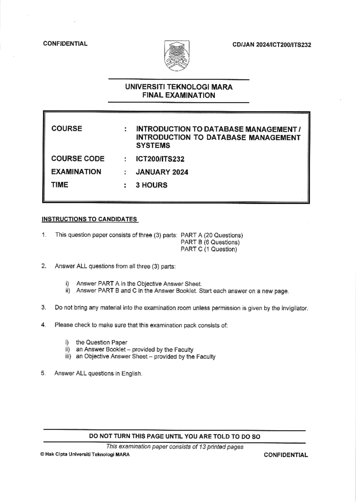 ICT200 Final Exam January 2024 - Database Management System Questions ...