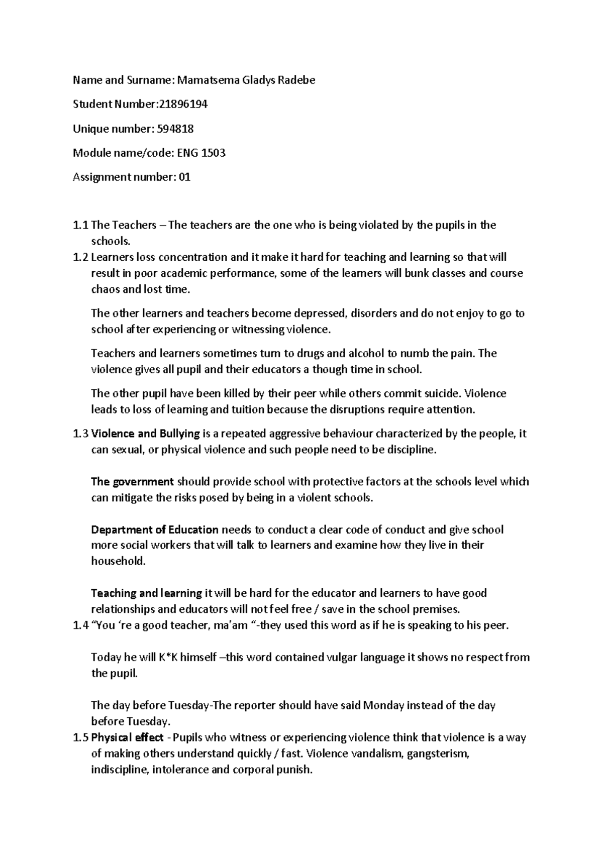 Assignment 01 Analysis of Violence in Schools - ENG1503 Radebe MG - Studocu