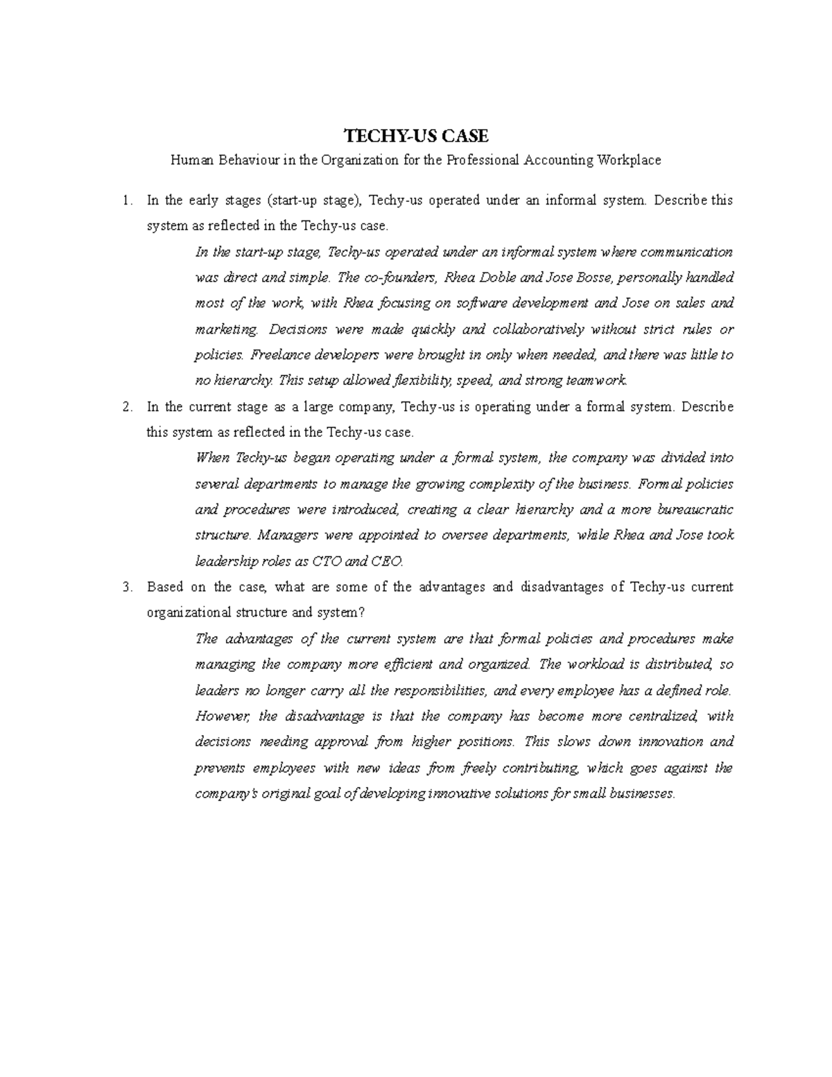 CASE Study: Human Behaviour in Organizations for Professional ...