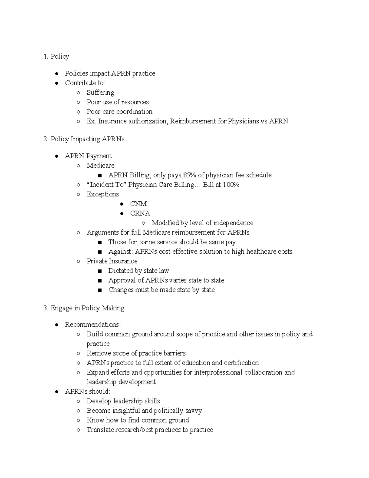 Lecture Notes on Policy Impacting APRN Practice - NU505 - Studocu