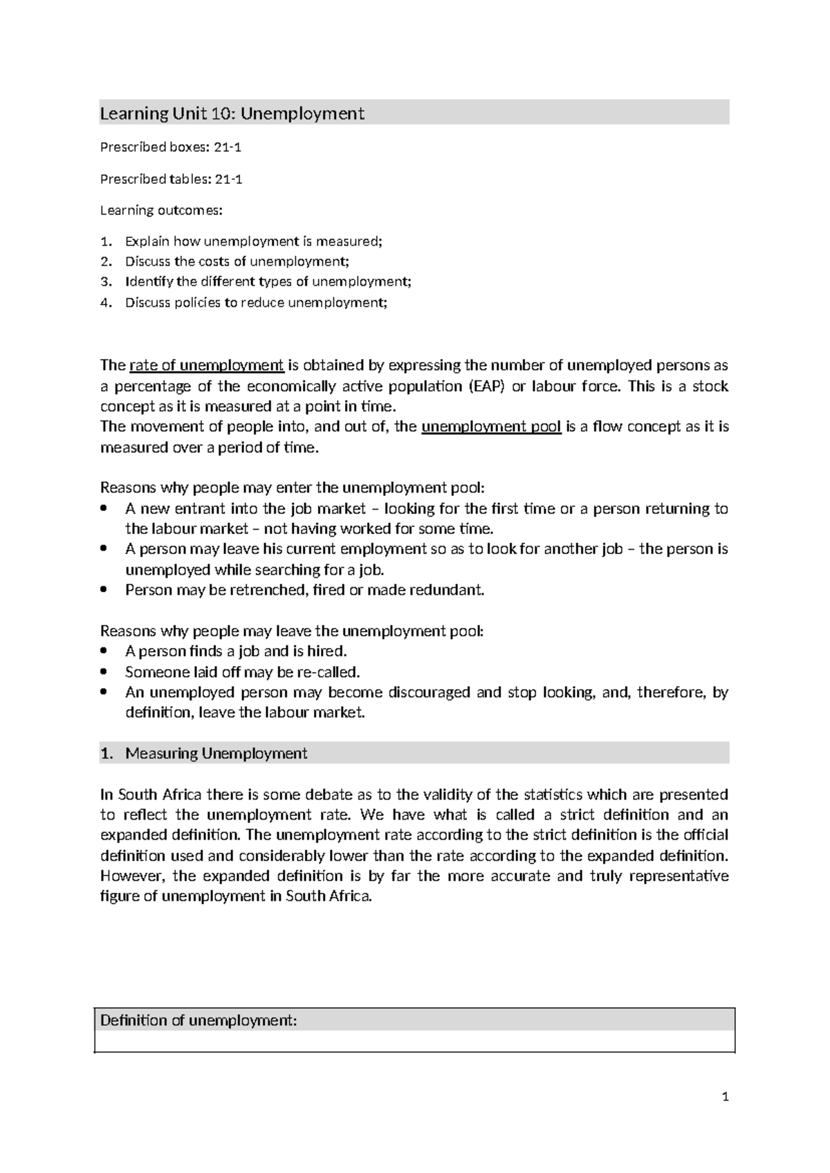 Learning Unit 10: Unemployment Overview and Key Concepts - Studocu