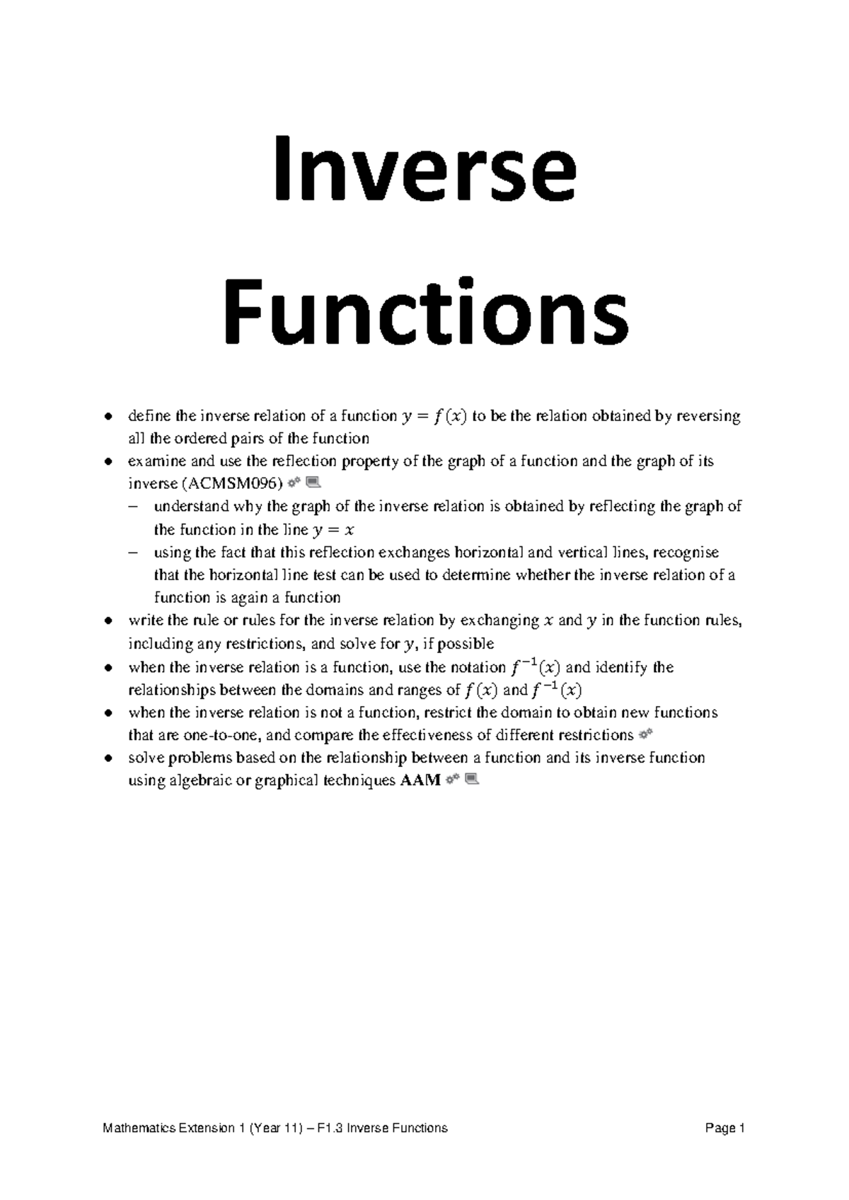 Inverse Functions and Their Graphical Reflection (ACMSM096) - Studocu