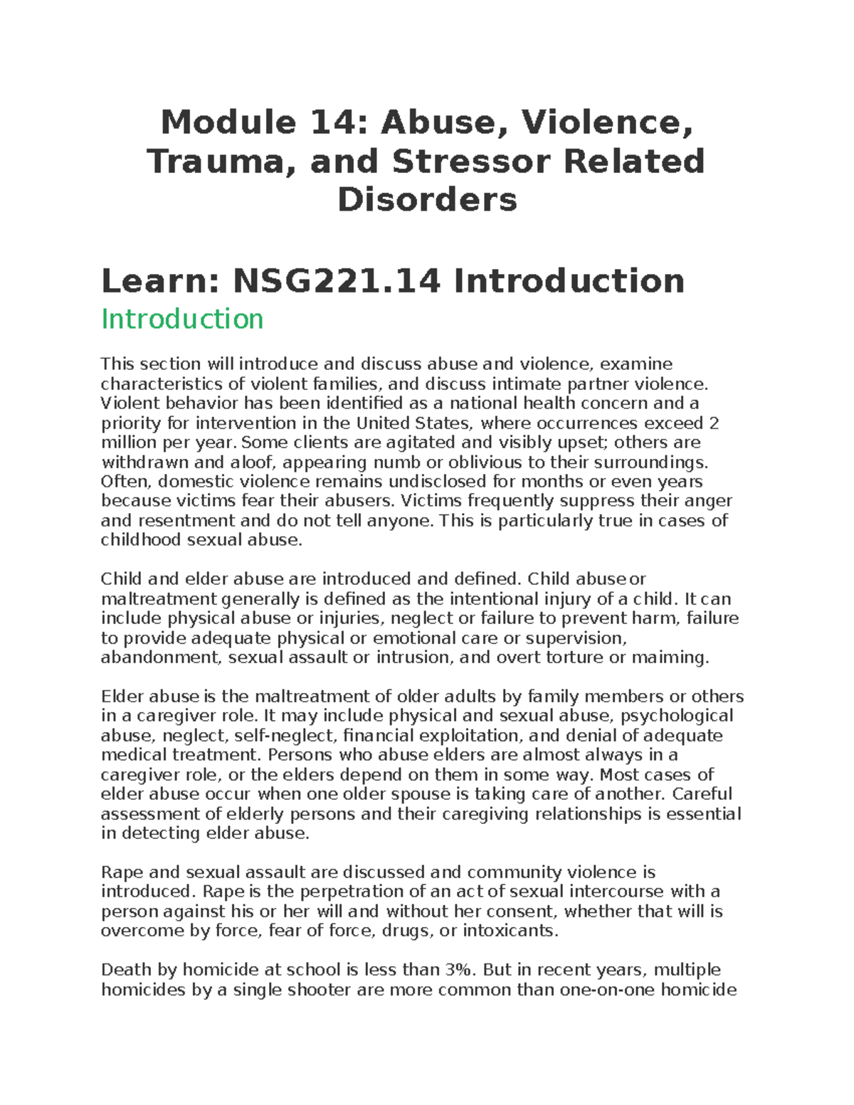 Module 14 - mental health - Module 14: Abuse, Violence, Trauma, and ...