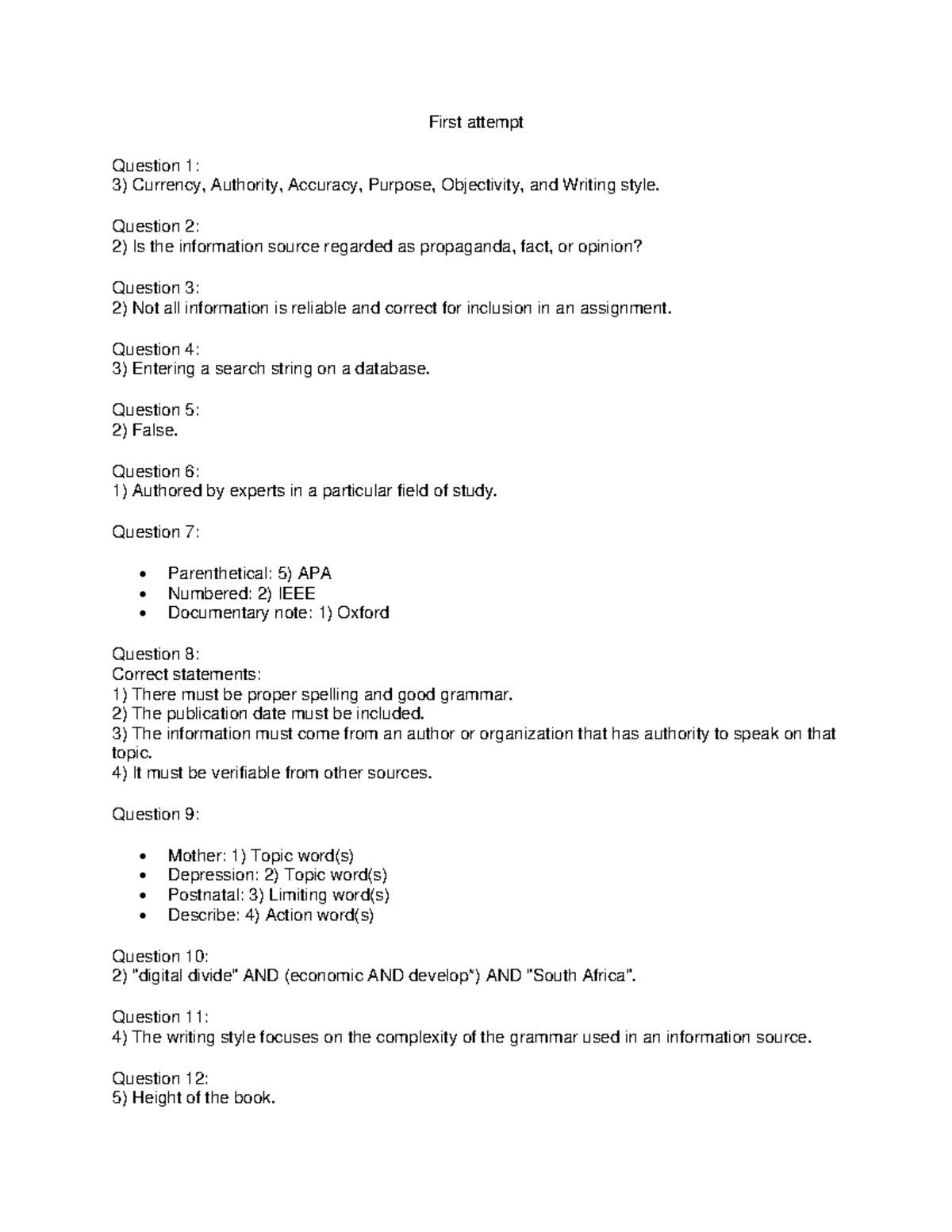 Information literacy test MEMO - First attempt Question 1: 3) Currency ...