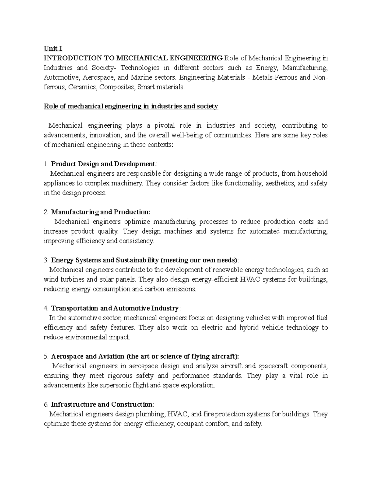 Unit 1 - Unit I INTRODUCTION TO MECHANICAL ENGINEERING Role of ...