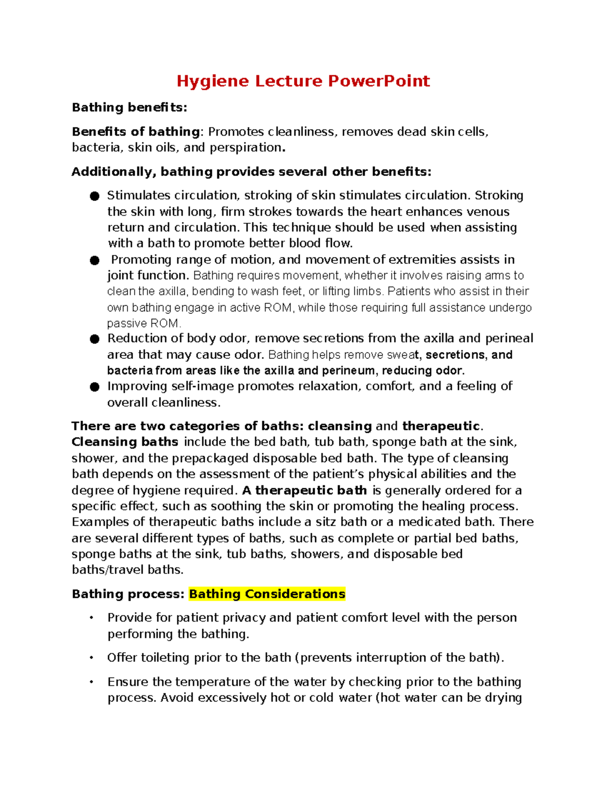 Hygiene Lecture Notes: Comprehensive Insights on Patient Care - Studocu