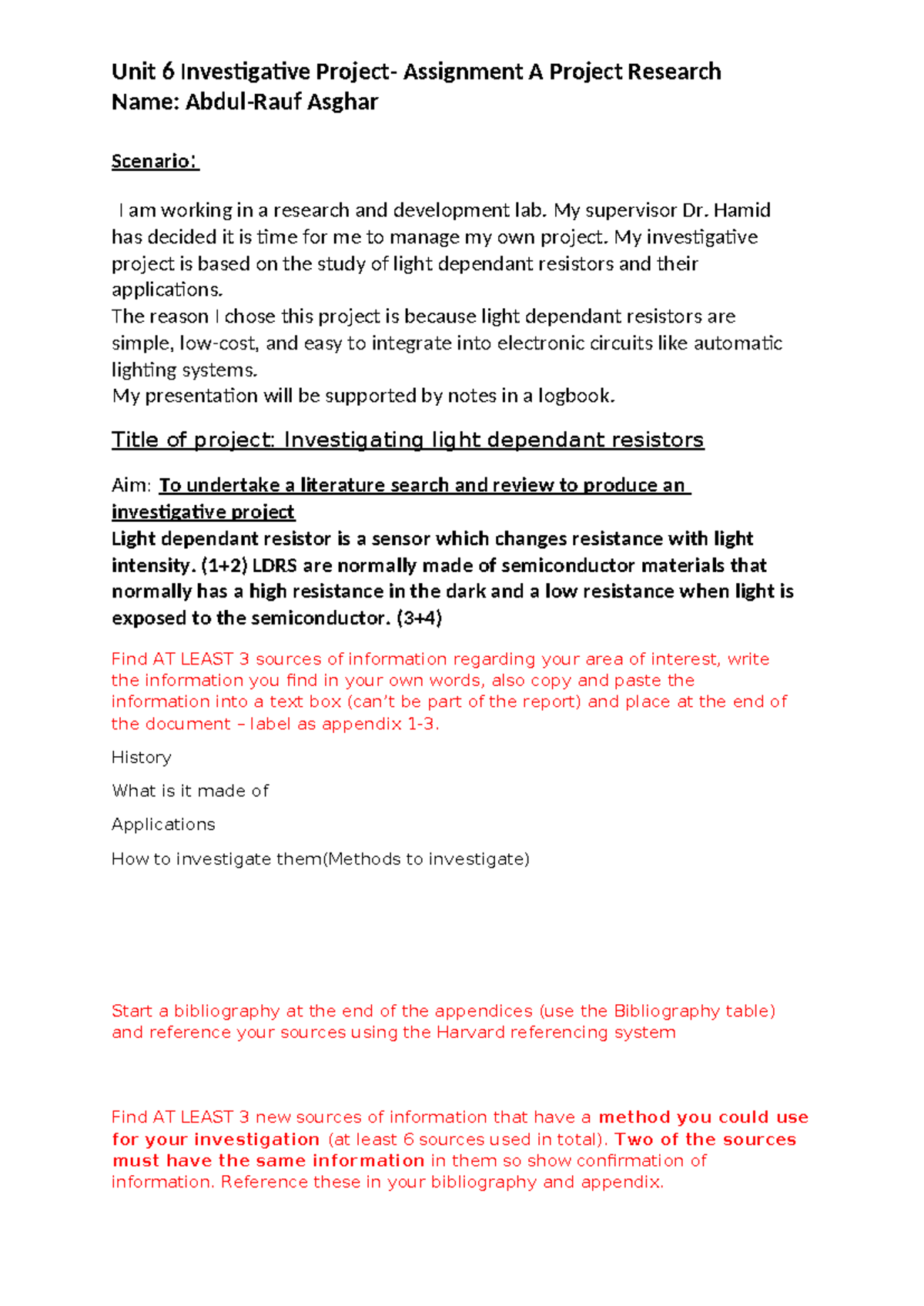 Unit 6 Investigative Assignment A: Research on Light Dependant ...