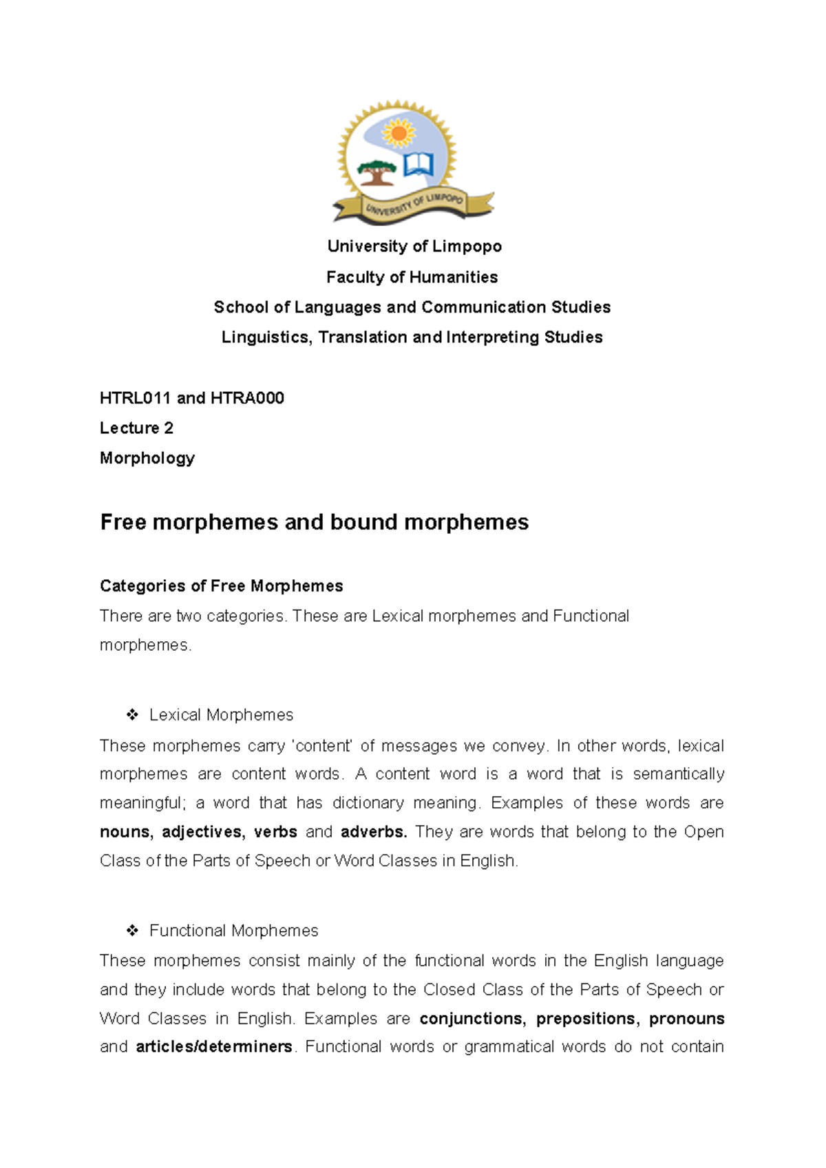 HTRL011 Morphology Lecture 2: Free and Bound Morphemes Explained - Studocu