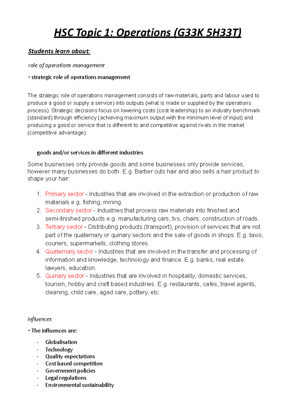 HSC Topic 1: Operations Management Overview (G33K 5H33T) - Studocu