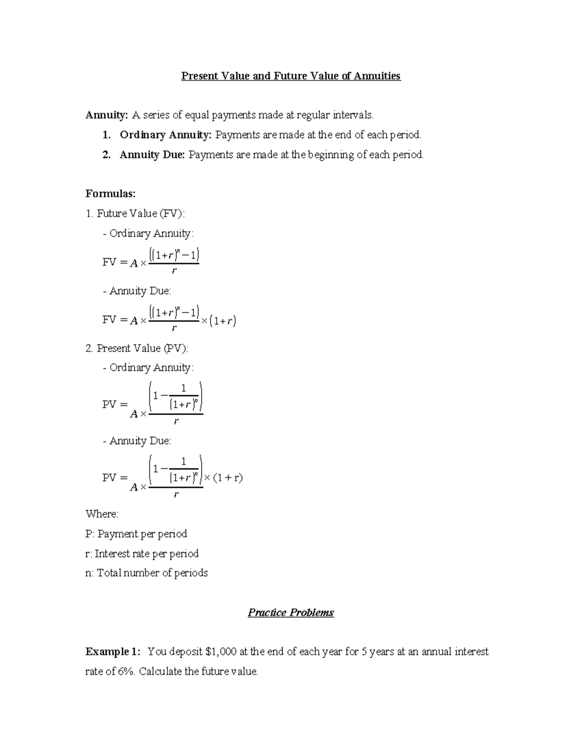 Practice Handout: Present & Future Value of Annuities - Studocu