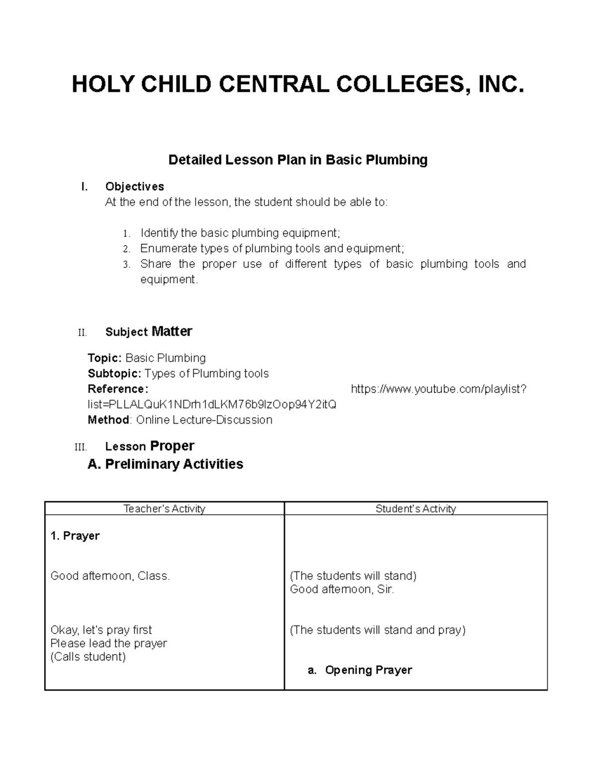 Detailed Lesson Plan on Basic Plumbing (BTVTED 3A) - Studocu
