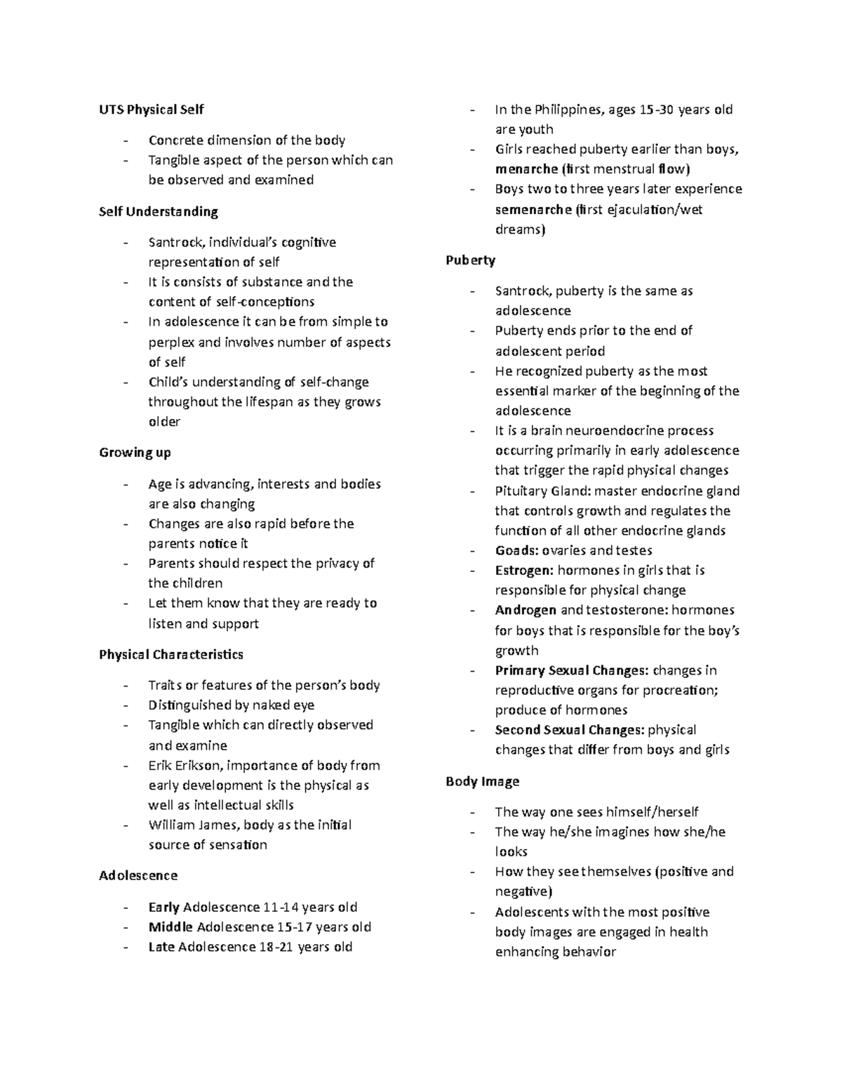 UTS PSYC101 Lecture Notes: Understanding the Physical Self - Studocu