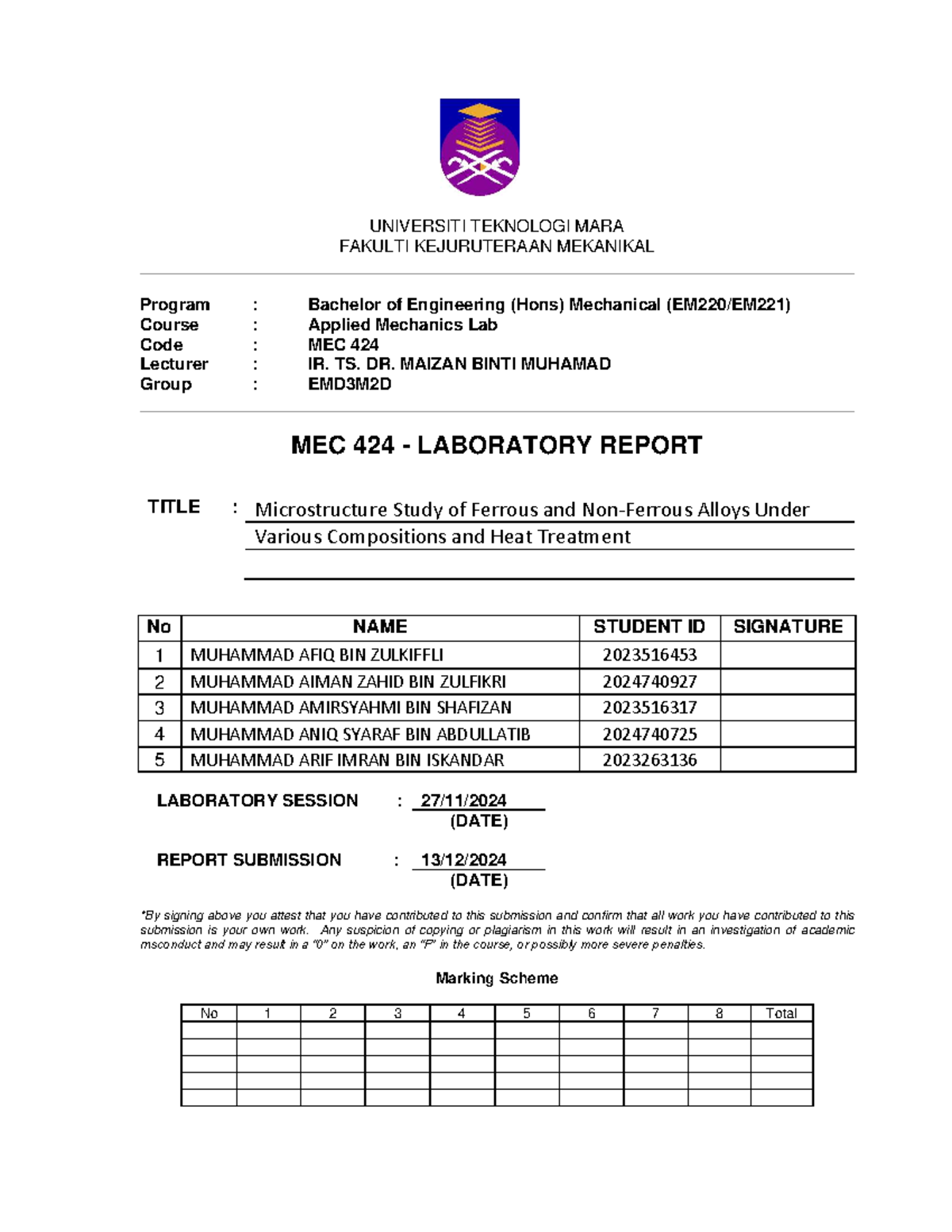 MEC 424 Final Lab Report: Microstructure Study of Ferrous & Alloys ...