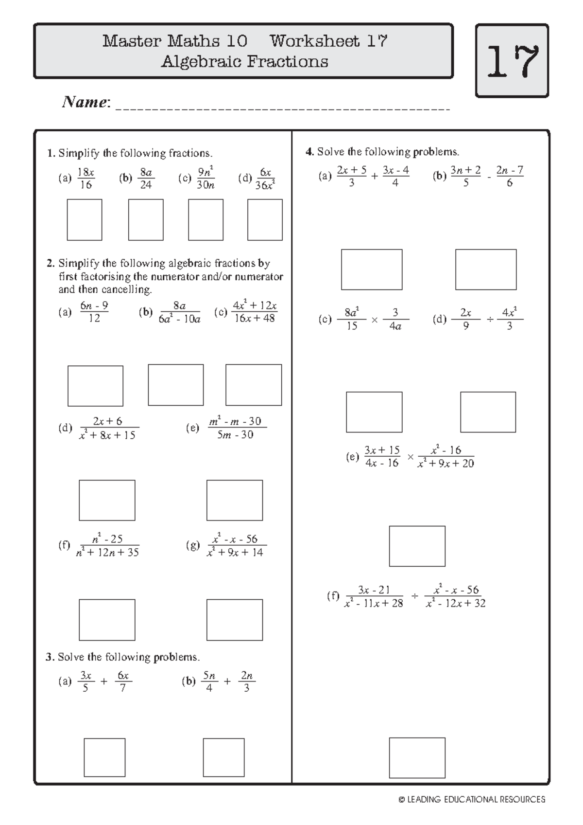Master Maths 10 Worksheet 17: Algebraic Fractions Problems - Studocu