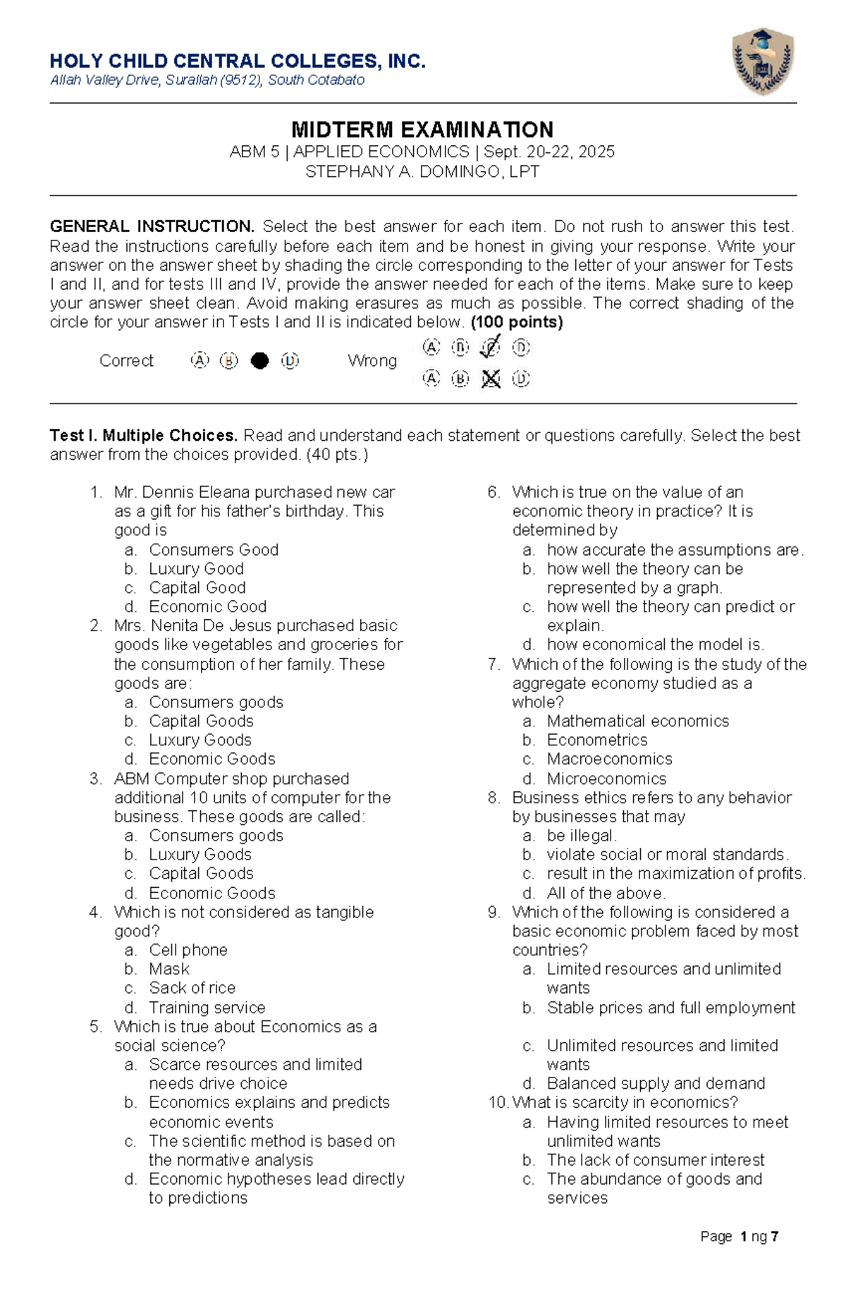 ABM 5 MIDTERM EXAMINATION: APPLIED ECONOMICS - Sept 2025 - Studocu